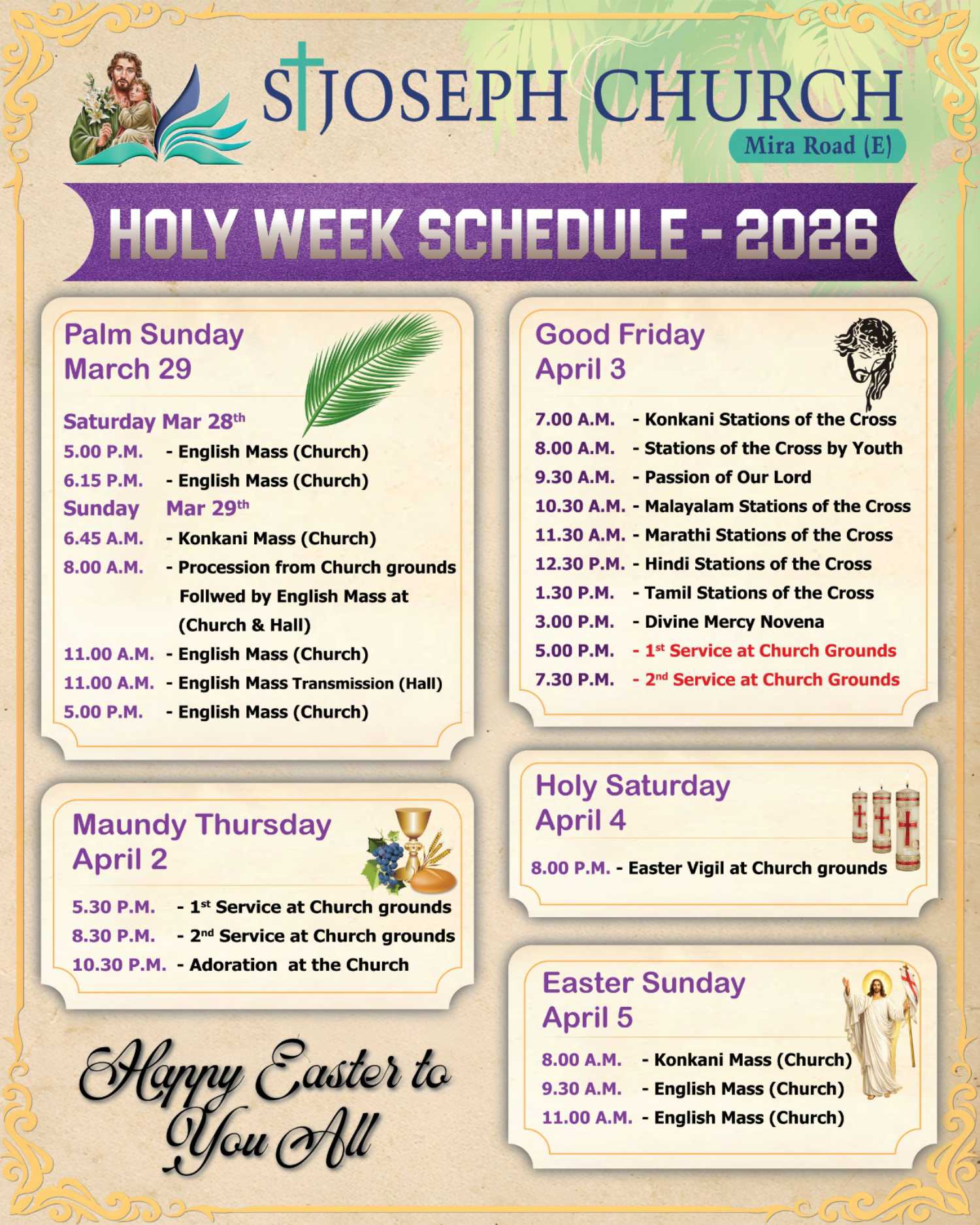 St. Joseph Church - Mira Road - Holy Week Schedule - 2026